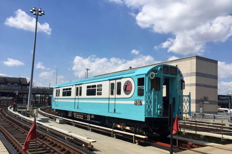 Bluebird on yard tracks R33WF - New York Transit Museum